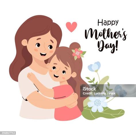 귀여운 여자 어머니 갈색 머리 와 딸 해피 어버이날 엽서입니다 평면 만화 스타일의 벡터 일러스트 레이 션 가공의 인물에 대한 스톡 벡터 아트 및 기타 이미지 Istock