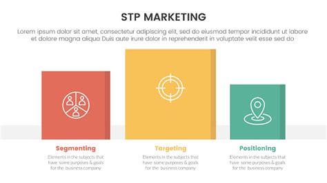 세분화를 위한 Stp 마케팅 전략 모델 정사각형 차트 데이터 상자가 있는 고객 인포그래픽 오른쪽 방향 슬라이드 프레젠테이션을 위한 3점 감정에 대한 스톡 벡터 아트 및 기타