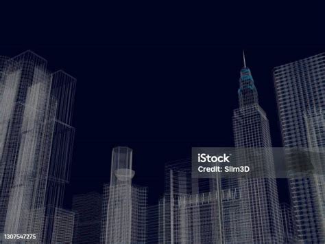 진한 파란색 배경에 고층 빌딩의 윤곽 3d 벡터 일러스트레이션 테크놀로지에 대한 스톡 벡터 아트 및 기타 이미지 테크놀로지 건축 3차원 형태 Istock