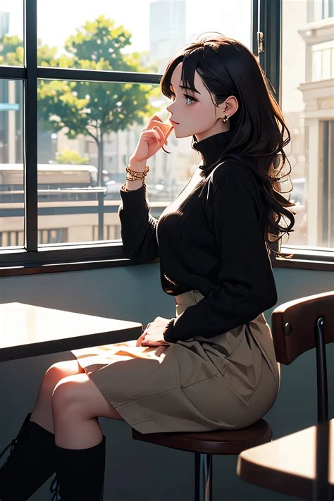 커피 한 잔을 놓고 테이블에 앉아 있는 여자가 있습니다 Seaart Ai