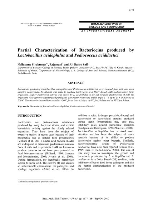 Pdf Partial Characterization Of Bacteriocins Produced By Lactobacillus Acidophilus And