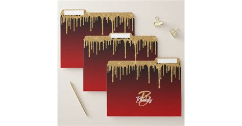 Gold Red Glitter Drip Monogram Sparkle Cute Girly File Folder Zazzle