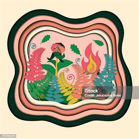 창조적 인 일러스트 여름 Ligo 휴일 배경 개념 종이 컷 스타일 양치류와 Ligo 꽃의 풍경과 화재 장소와 오크 잎 벡터 일러스트 레이 션 0명에 대한 스톡 벡터 아트 및