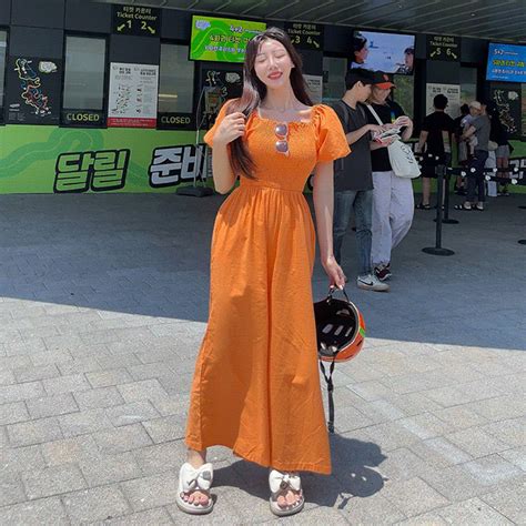 최저가득템 비비드 컬러풀 스퀘어넥 어깨 퍼프 오프숄더 스모크 여름 린넨 반팔 와이드 환타 점프수트 에이블리