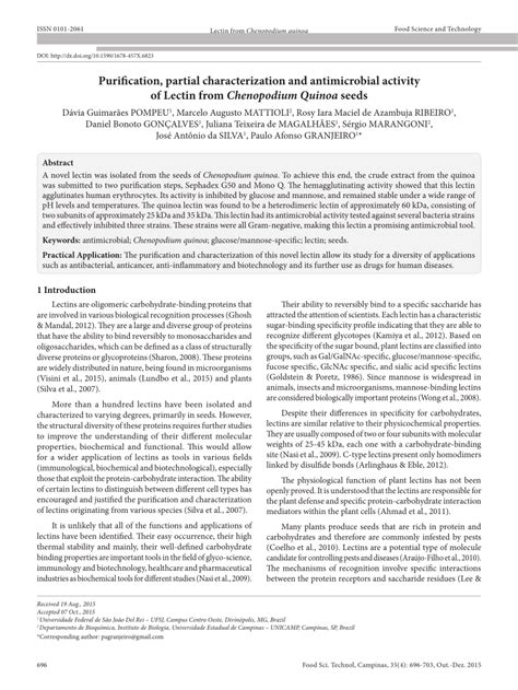 Pdf Purification Partial Characterization And Antimicrobial Activity Of Lectin From
