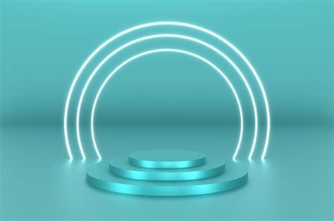 제품 배경 단계 또는 연단을 위한 3d 플랫폼 파란 색깔 및 반지 원형 네온 백색 색깔을 가진 빈 전시 플랫폼 3d 일러스트레이션 렌더링 0명에 대한 스톡 사진 및 기타