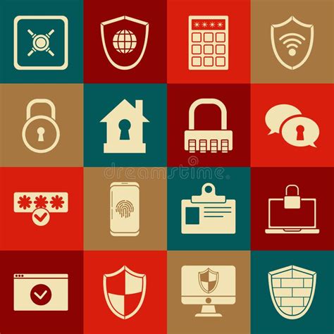 Set Shield With Cyber Security Brick Wall Laptop And Lock Protection Of Personal Data