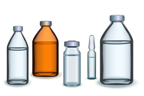 작은 약 또는 다양한 추출물 병 세트 백신을위한 현실적인 모의 유리 병과 앰플 흰색 배경에 고립 된 3d 유리 의료 용기 플랫 일러스트레이션 시럽에 대한 스톡 벡터 아트 및