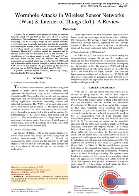 Pdf Wormhole Attacks In Wireless Sensor Networks Wsn And Internet Of
