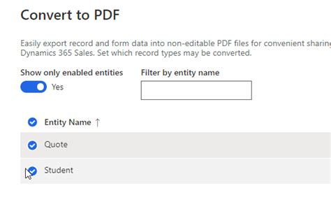how to enable export pdf option for custom entities tables in dataverse