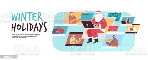 비디오 콜 자체 격리 동안 새해 크리스마스 휴일을 축하하는 웹 브라우저 창에서 인종 사람들을 혼합 휴가에 대한 스톡 벡터 아트 및 기타 이미지 Istock