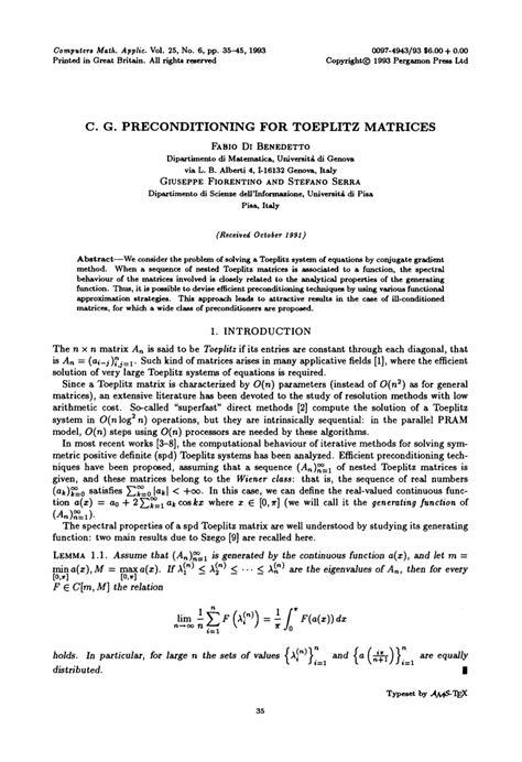 Pdf C G Preconditioning For Toeplitz Matrices