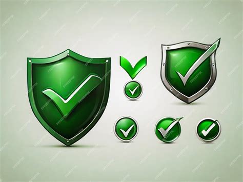 녹색 색상 터 일러스트레이션에서 방패 아이콘 세트와 틱 기호와 함께 녹색 체크 마크 프리미엄 사진