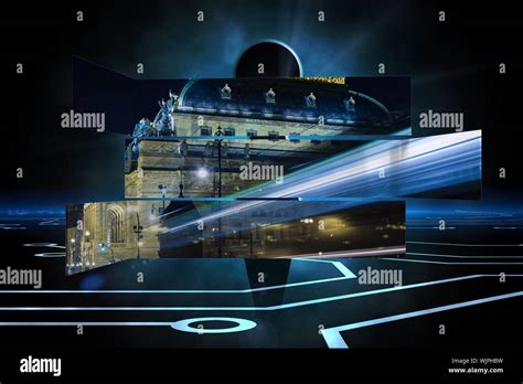 Architecture With Light Beam On Abstract Screen Against Keyhole On Technological Black