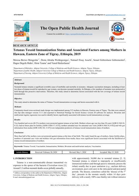 Pdf Tetanus Toxoid Immunization Status And Associated Factors Among Mothers In Hawzen Eastern