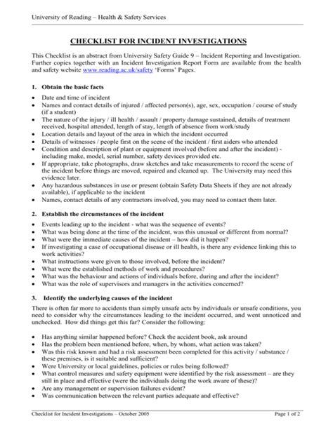 Incident Investigation Checklist University Health And Safety