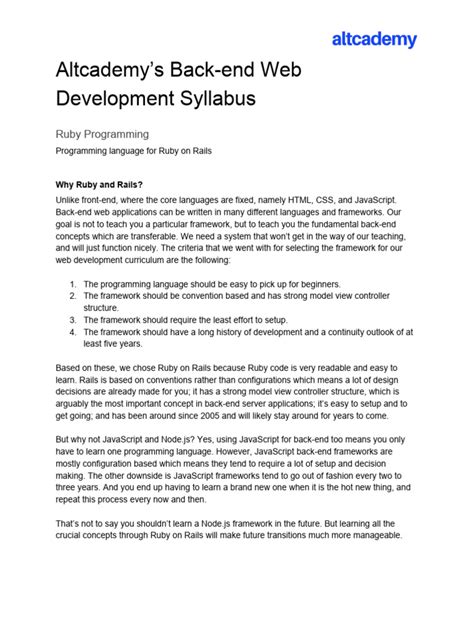 Altcademy S Back End Web Development Syllabus Pdf Ruby On Rails