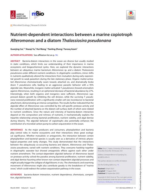 Pdf Nutrient Dependent Interactions Between A Marine Copiotroph Alteromonas And A Diatom