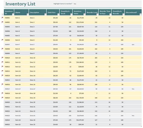 Inventory List With Reorder Highlighting Template In Excel Download Xlsx