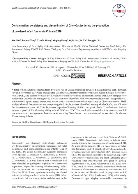 Pdf Contamination Persistence And Dissemination Of Cronobacter