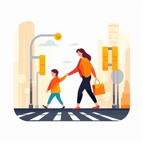 Родитель держит ребенка за руку пересекая дорогу векторная иллюстрация Премиум векторы