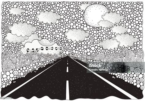 긴 자동차 고속도로 거리에 스트레칭입니다 낙서 풍경입니다 안티 스트레스 색칠 성인에 대 한 페이지 흑인과 백인 벡터 일러스트입니다 긴에 대한 스톡 벡터 아트 및 기타 이미지