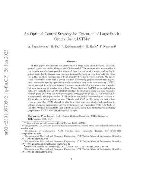 Pdf An Optimal Control Strategy For Execution Of Large Stock Orders Using Lstms