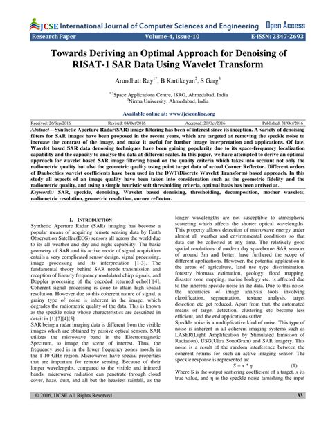 Pdf Towards Deriving An Optimal Approach For Denoising Of Risat 1 Sar Data Using Wavelet Transform