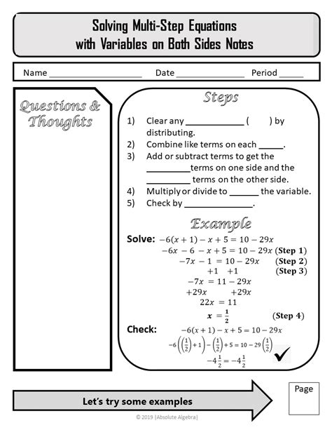 Solving Multi Step Equations Variables On Both Sides Notes Practice Homework U1 Absolute Algebra