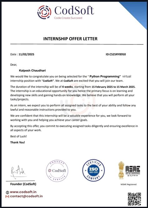 Codsoft Internship Opportunity Grateful Kalpesh Chaudhari