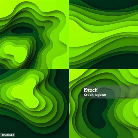 용지 잘라낸 배경 세트입니다 녹색 추상파 모양 트렌디 한 3d 디자인 3차원 형태에 대한 스톡 벡터 아트 및 기타 이미지 3차원 형태 개체 그룹 곡선 Istock