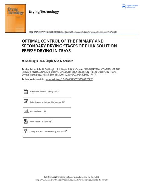 Optimal Control Of The Primary And Secondary Drying Stages Of Bulk Solution Freeze Drying In