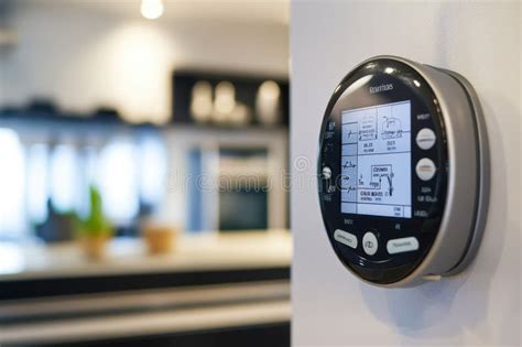 Modern Smart Thermostat On A Kitchen Wall Displaying Home Temperature Settings And Control