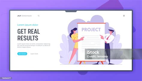 비즈니스 프리젠 테이션 사업가 거대한 빈 플래카드 또는 서명 근처에 서있다 새로운 프로젝트 아이디어 웹 사이트 방문 페이지 세트 웹 페이지를 수행하는 사무실 직원 만화 플랫