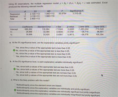 solved using 20 observations the multiple regression model