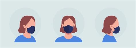 넥타이 착용자 세미 플랫 컬러 벡터 캐릭터 아바타 세트가 있는 마스크 전면 및 측면 보기에서 인공 호흡기와 초상화입니다 그래픽 디자인 및 애니메이션 팩을 위한 격리된