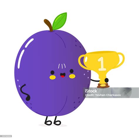 귀여운 재미있는 매실은 금 트로피 컵을 들고 있습니다 벡터 손으로 그린 만화 카와이 캐릭터 일러스트 레이 션 아이콘 흰색 배경에 고립되어 있습니다 우승 트로피 컵을 가진