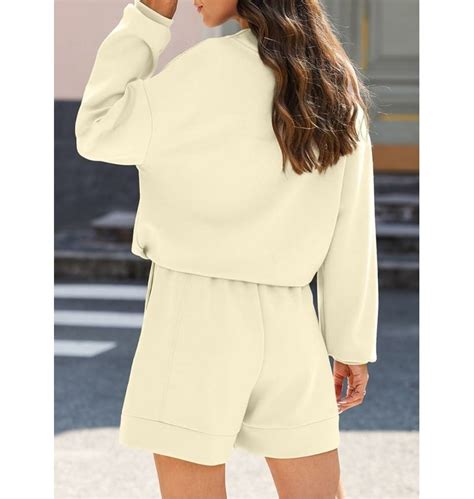 Herseas 여성용 투피스 의상 카울 넥 스웨트셔츠 And 반바지 스웨트수트 라운지 세트 크림 111368 티몬