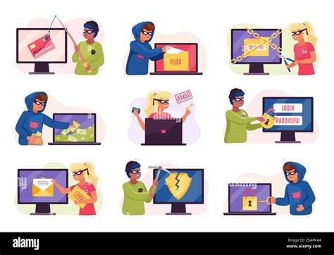 Cyber Hackers Digital Information Thieves Password Cracker Characters Networking Scammer Web