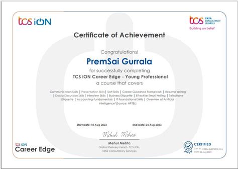 Premsai Gurrala On Linkedin Certification Personaldevelopment Careergrowth Tcsioncareeredge