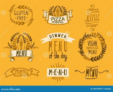 Menu Headlines Emblems And Logo Collection With Handwriting Lettering
