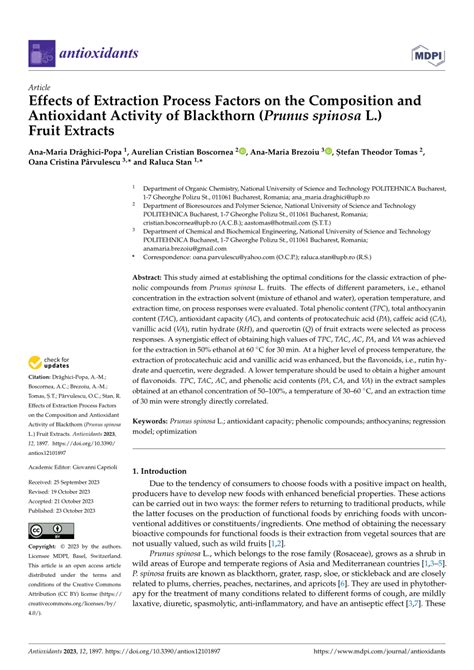 Pdf Effects Of Extraction Process Factors On The Composition And Antioxidant Activity Of