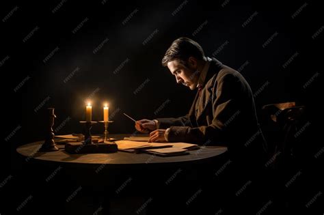 Premium Ai Image A Man Is Writing In A Dark Room With Candles And A