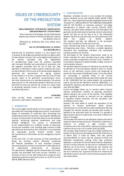 Issues Of Cybersecurity Of The Production System Mm Science Journal