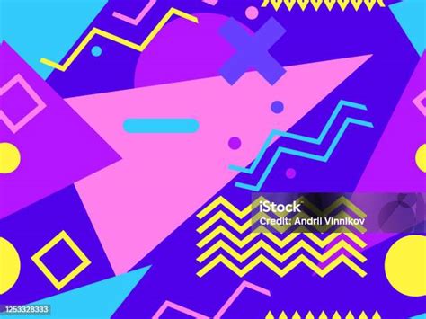 80 년대 스타일의 기하학적 모양이있는 매끄러운 패턴 홍보 제품 포장지 및 인쇄를 위한 다색 삼각형 원 및 지그재그 벡터 일러스트레이션 0명에 대한 스톡 벡터 아트 및 기타