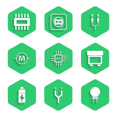 Set Processor With Microcircuits Cpu Electric Cable Light Emitting Diode Fuse Battery