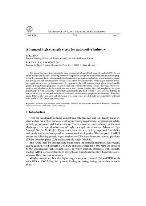 Pdf Advanced High Strength Steels For Automotive Industry A Review