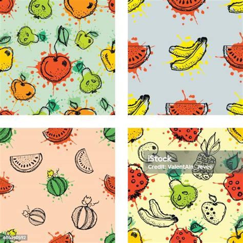 원활한 벡터 패턴의 집합입니다 손으로 그린 화려한 체리 사과 배 수 박 석류 바나나 베리 스플래시와 드롭 선 그리기 딸기의 과일 그림 0명에 대한 스톡 벡터 아트 및 기타