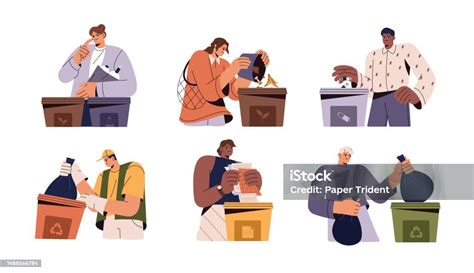 쓰레기 분리 쓰레기 분류 쓰레기 봉투를 쓰레기통에 던지는 사람들 쓰레기 쓰레기 쓰레기 수거 쓰레기 분리 생태 개념입니다 흰색 배경에 분리된 평면 벡터 삽화 가방에 대한 스톡