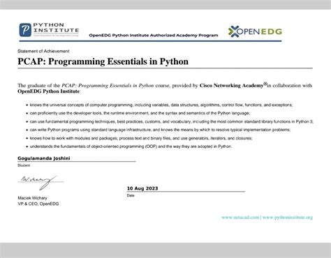 Cisco Completion Certificate In Pythonpcap Joshini Gogulamanda